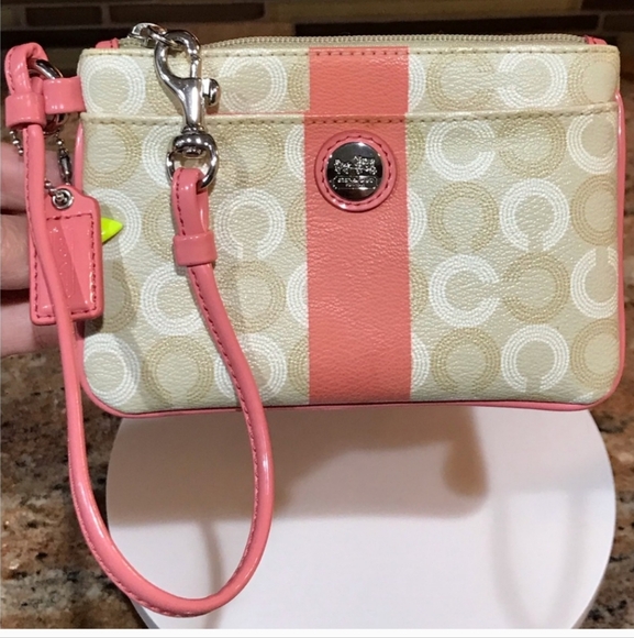 Coach | Bags | Coach Pink And Cream Signature Wristlet | Poshmark
